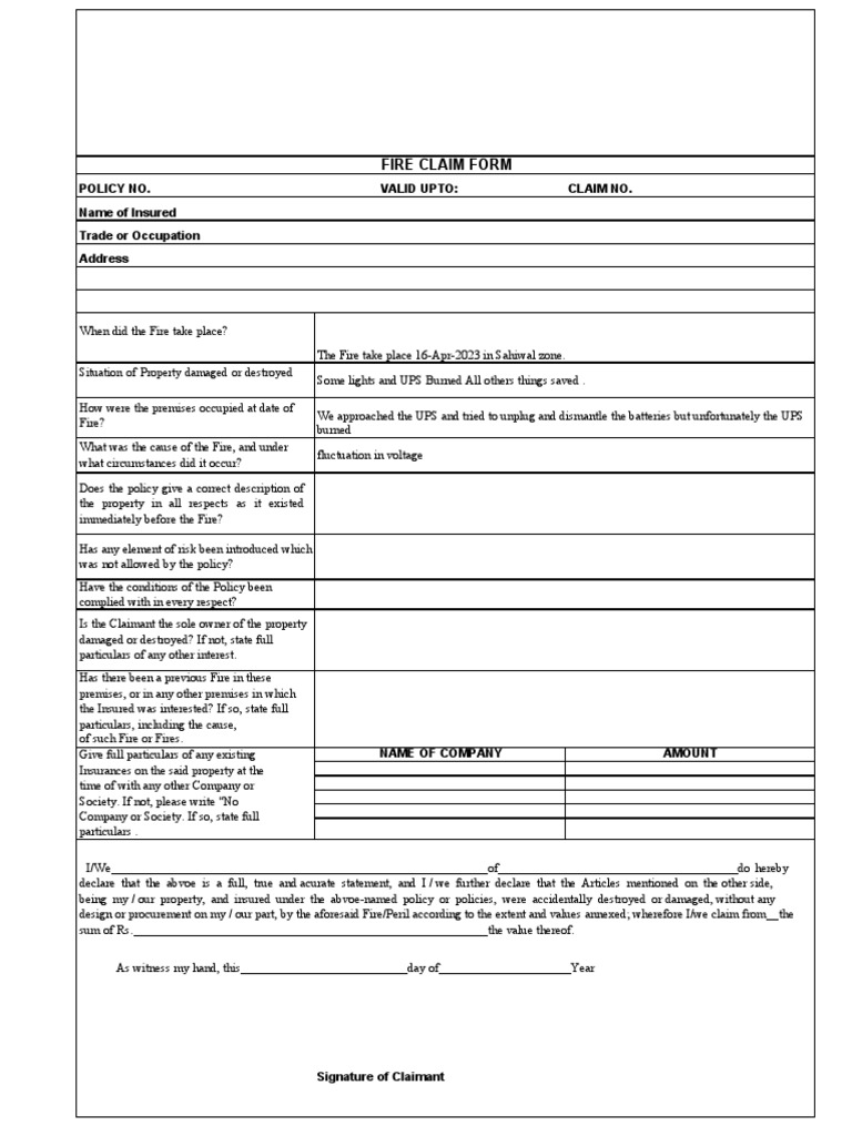 Fire Claim Form | PDF | Depreciation | Insurance