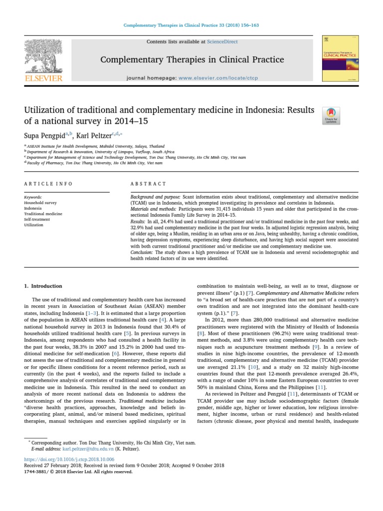 Pengpid, S., & Peltzer, K. (2018) - Utilization of Traditional and Complementary Medicine in ...