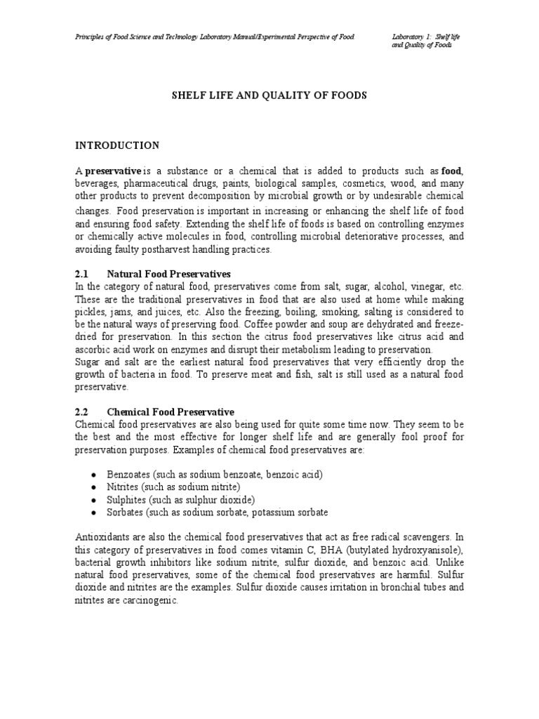 LABORATORY 1 Shelf Life and Quality of Foods | PDF | Food Preservation ...