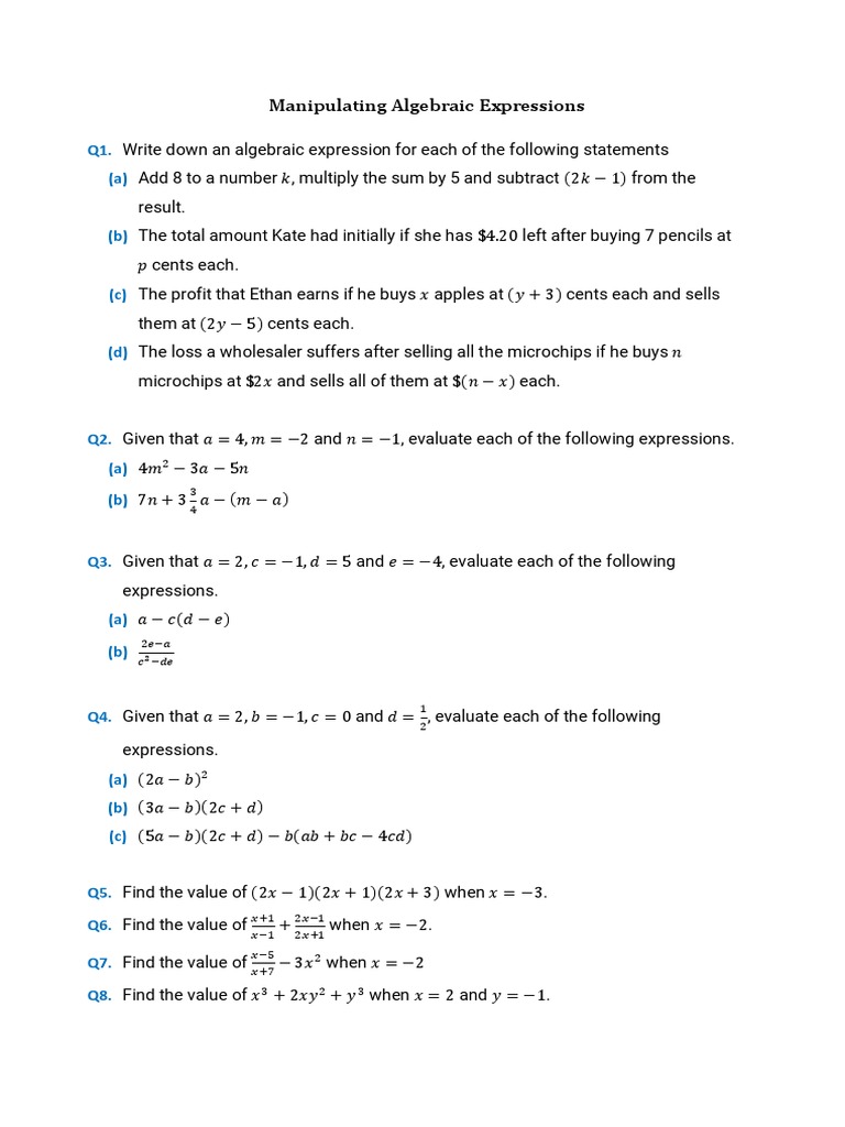 Manipulating Algebraic Expressions | PDF | Arithmetic | Mathematics