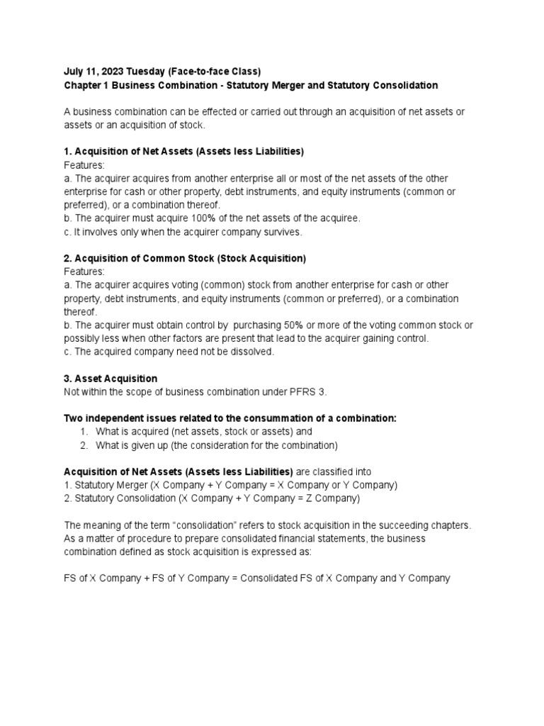 Chapter 1 Business Combination - Statutory Merger and Statutory ...