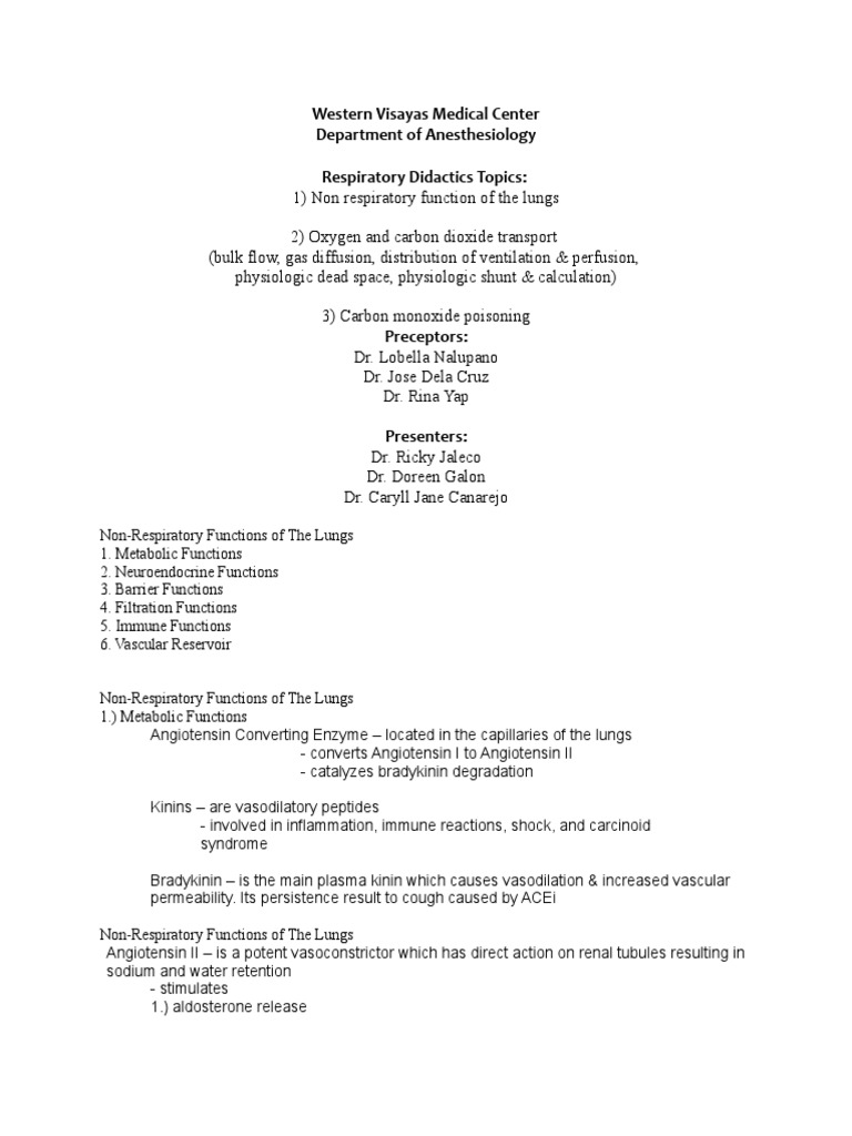 Non Respi O2 CO2 Transport | PDF | Breathing | Lung