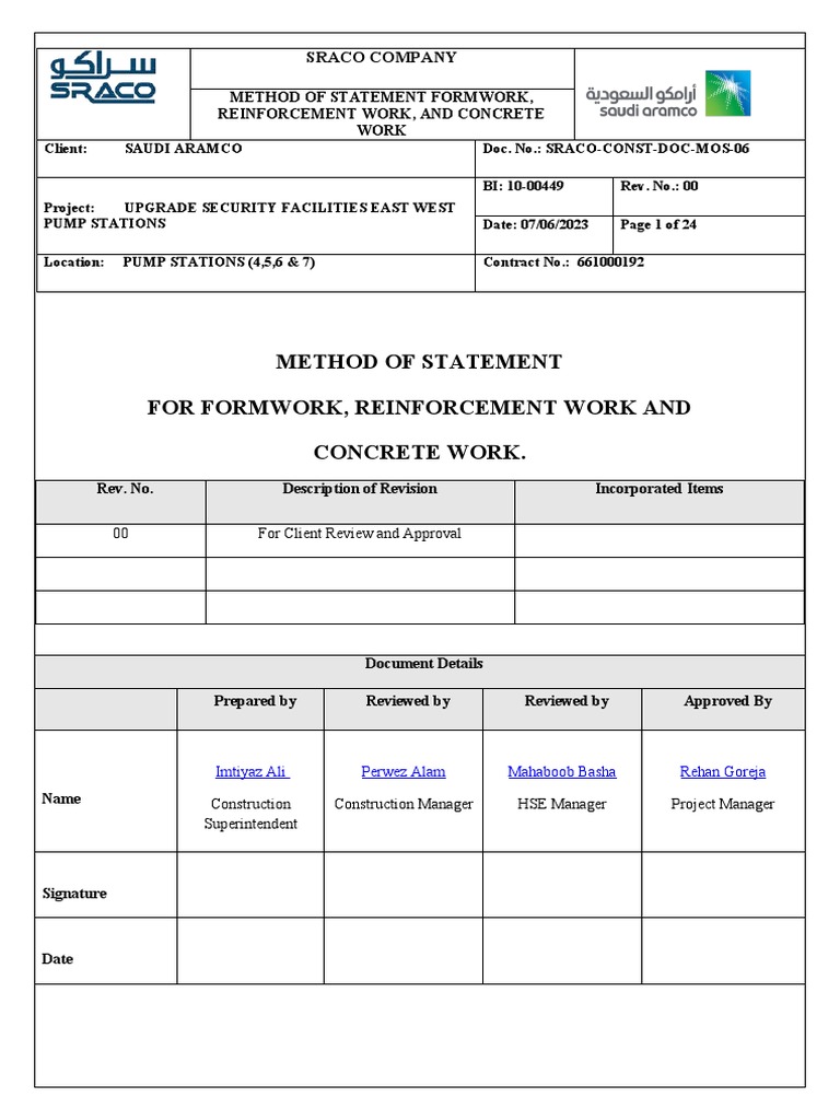 Sraco Const Doc Mos 06 Reinforcing Works, Formworks, Concrete Works ...