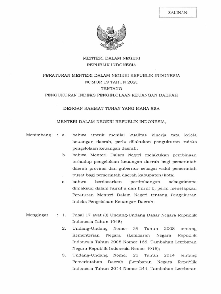 Permendagri 19 Tahun 2020 Ipkd | PDF | Pengelolaan Keuangan & Uang