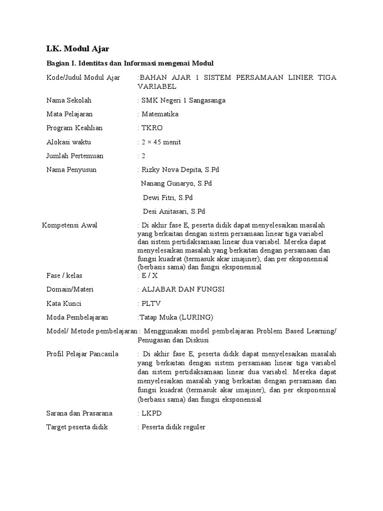 Contoh LK Modul Ajar SPLTV | PDF | Komputer
