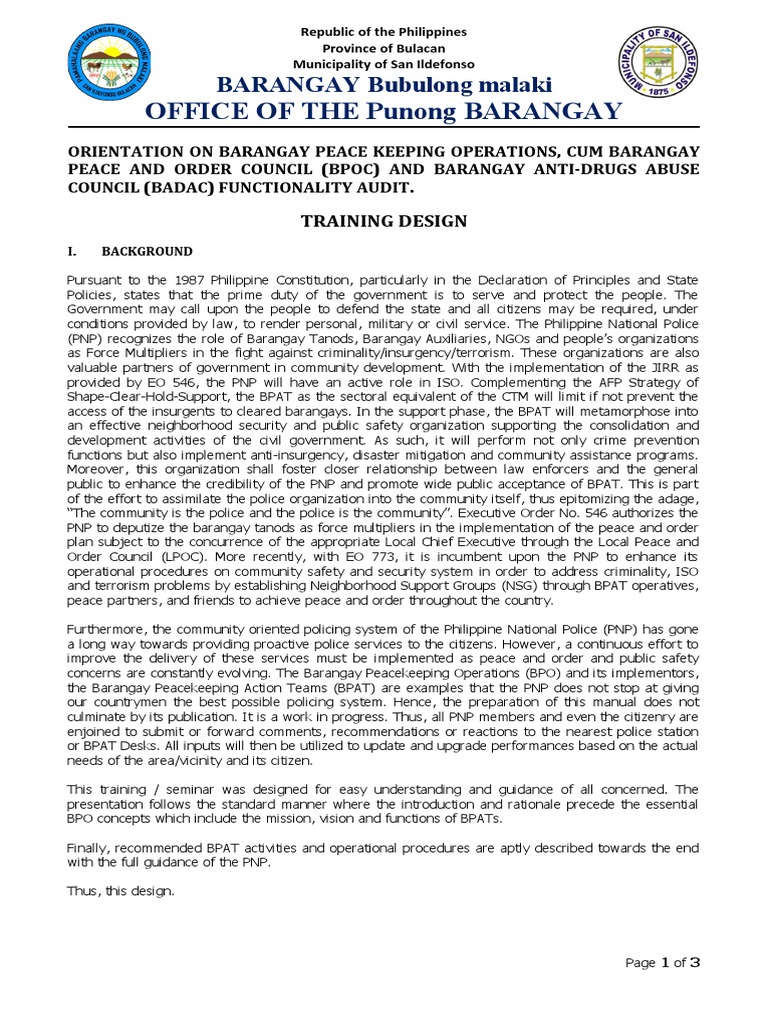 Training Design BUBULONG MALAKI Badac | PDF | Police | Government