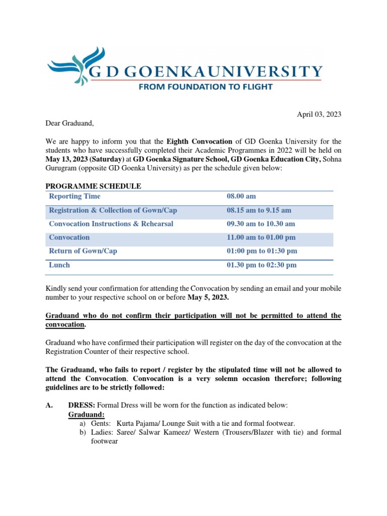 Convocation Invite Schedule Guidelines 2023 Pdf Fashion