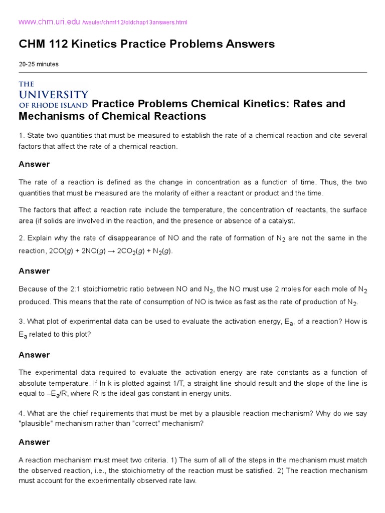 CHM 112 Kinetics Practice Problems Answers - Reader View | PDF | Reaction Rate | Chemical Kinetics