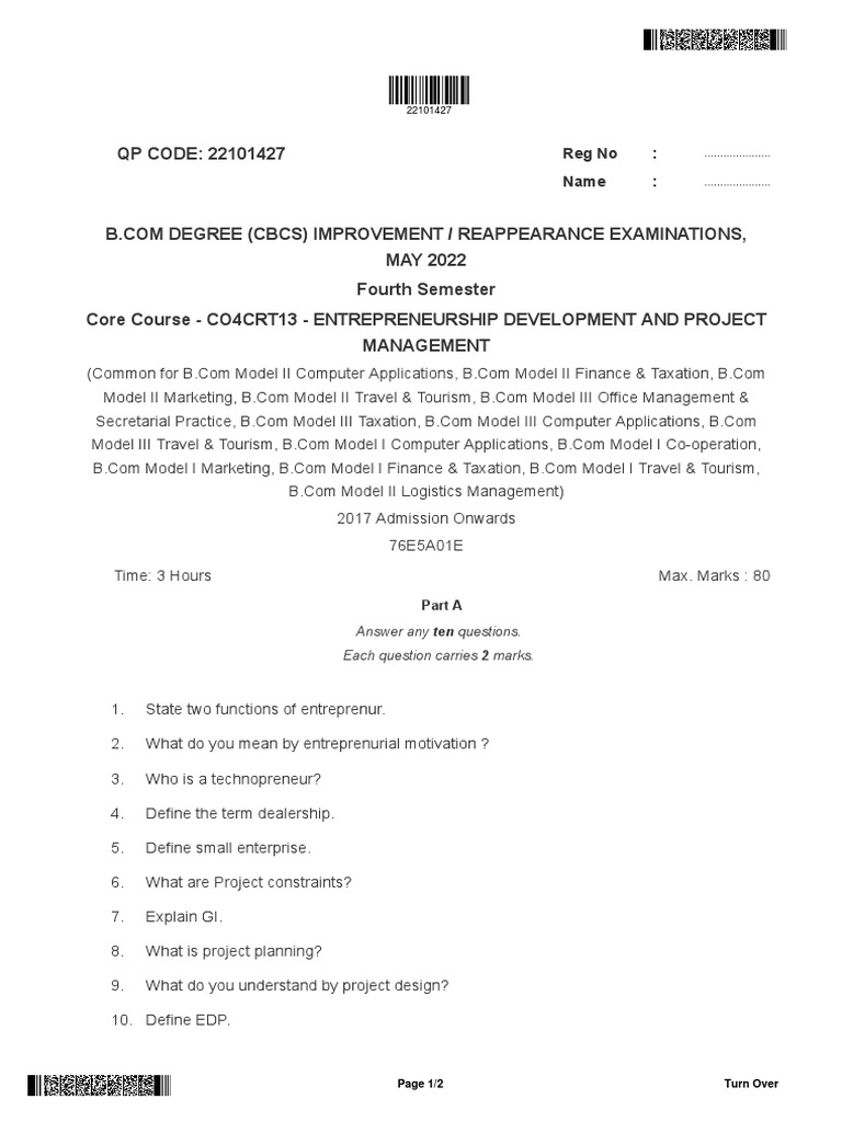 QP CODE: 22101427: Reg No: Name | Descargar gratis PDF | Entrepreneurship | Business Economics