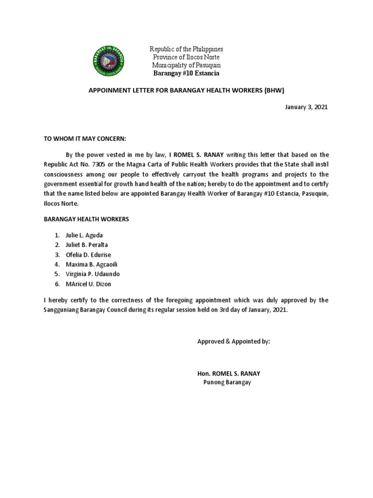 Appointment of Bhw&bns | PDF | Philippines | Government