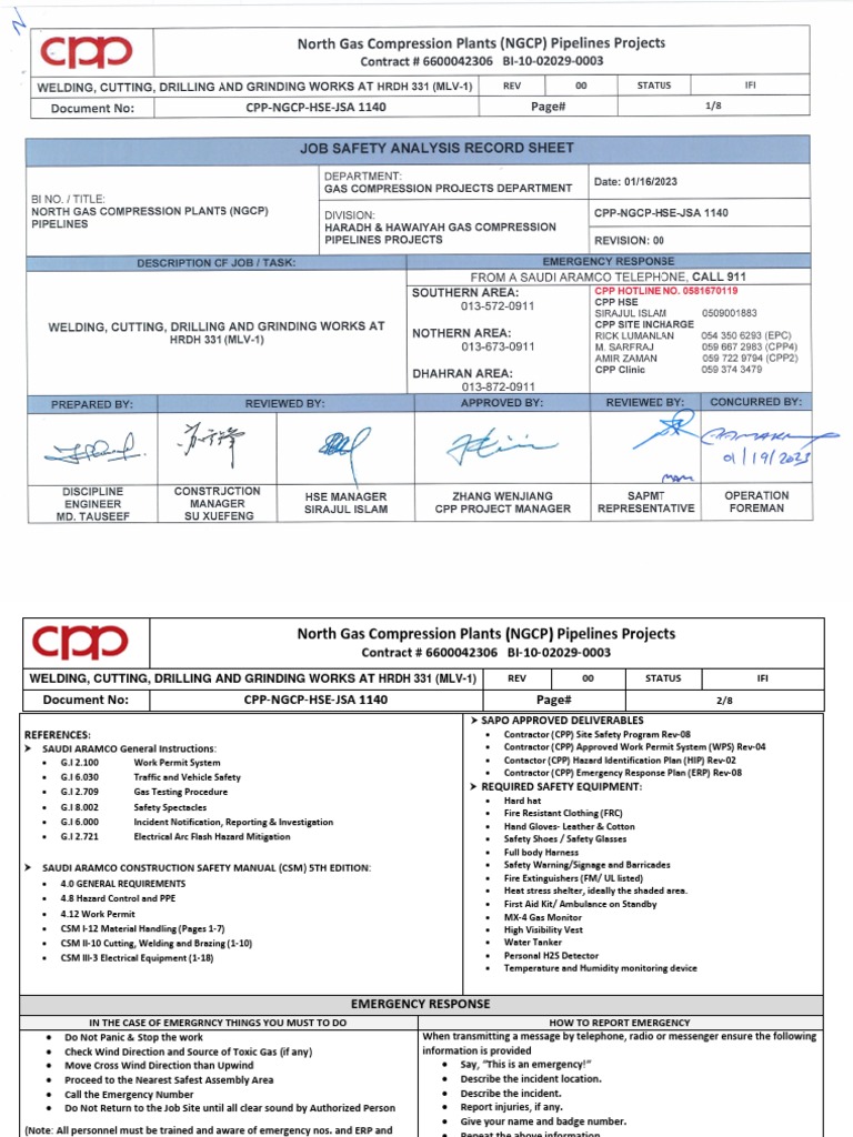 1140 JSA For Welding, Cutting, Drilling and Grinding Works at HRDH 331 (MLV-1) | PDF | Welding ...