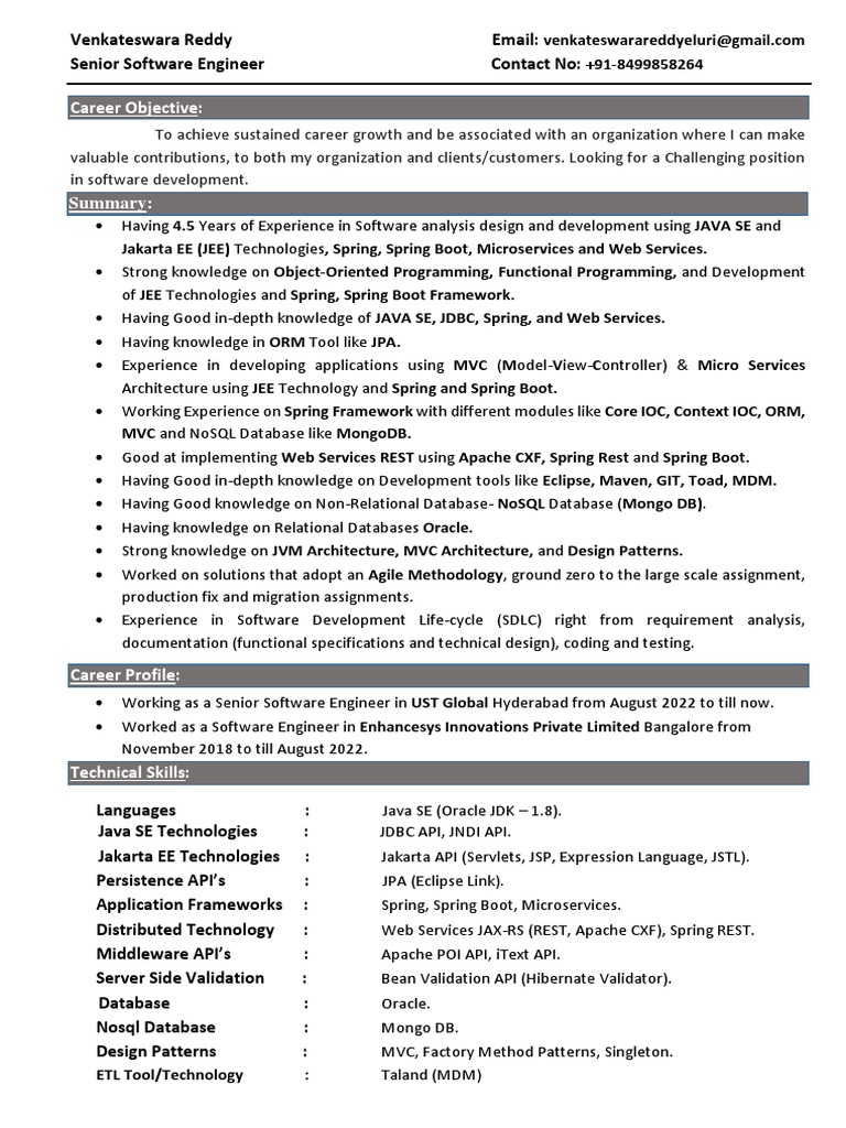 Senior Java Developer Profile | PDF | Spring Framework | Software