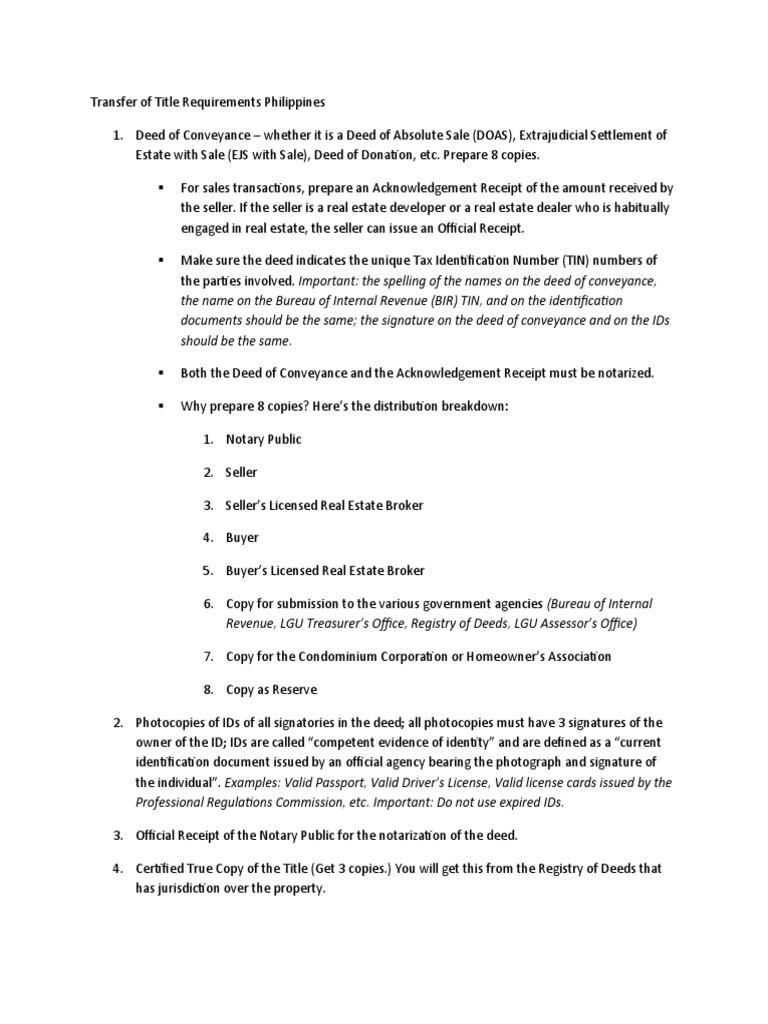Transfer of Title Requirements Philippines | PDF | Identity Document | Conveyancing