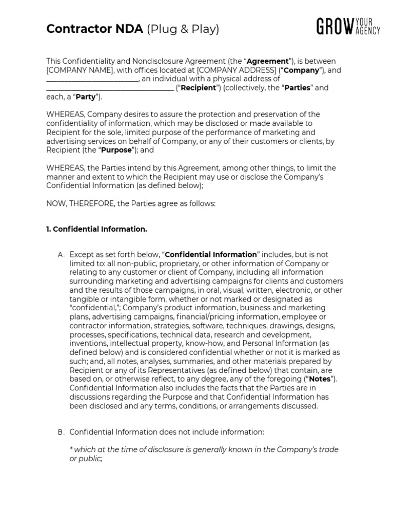 Contractor NDA for Confidentiality | PDF | Non Disclosure Agreement ...