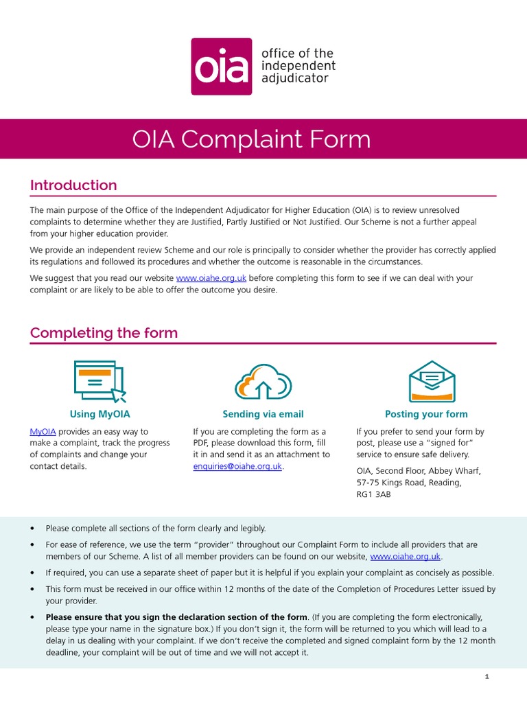 Oia PDF Complaint Form | PDF | Disability | Mental Disorder