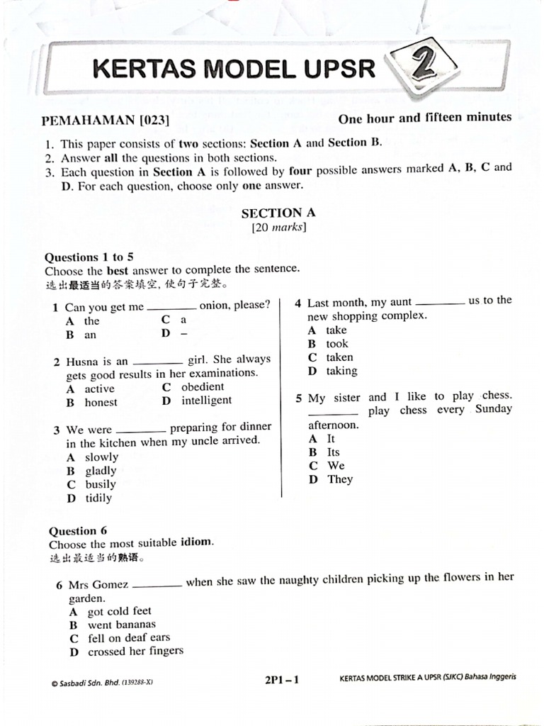 English - Upsr - Set 2 Paper 1 | PDF
