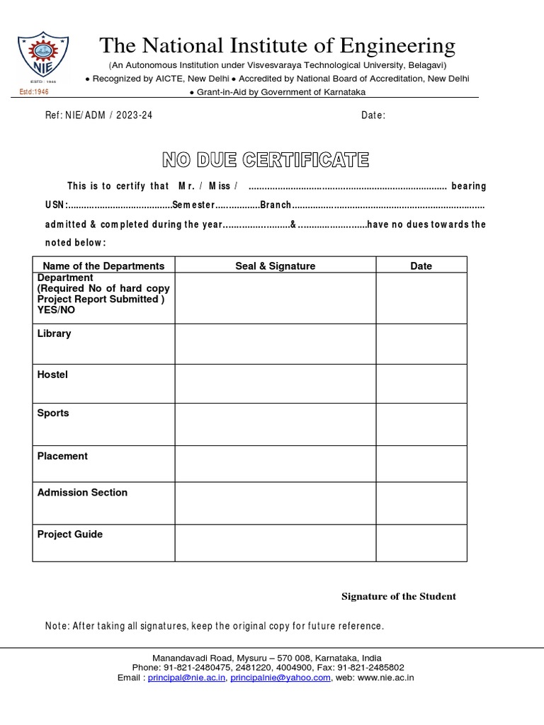 Students No Due Certificate Format | PDF