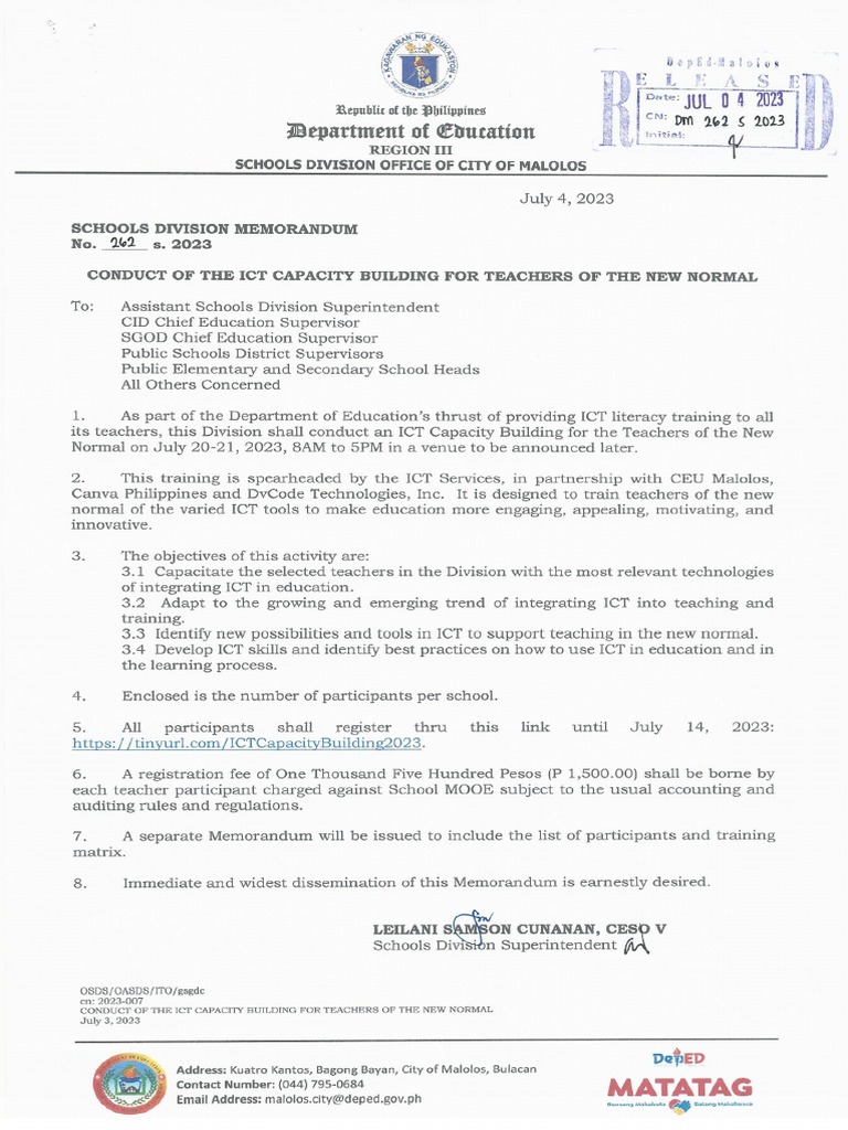 DM 262 S 2023 Conduct of The ICT Capacity Building For Teachers of The ...