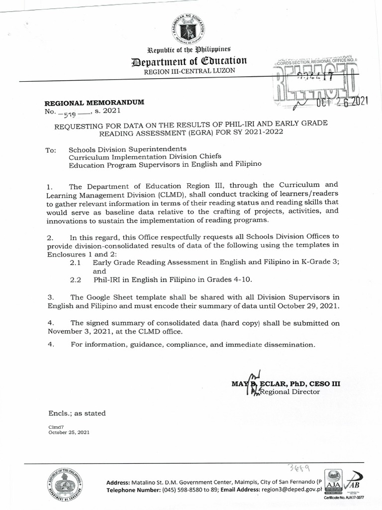 RM No. 519 S. 2021 Requesting Data On The Results of Phil Iri and Early ... RM No. 519 S. 2021 Requesting Data On The Results of Phil Iri and Early ...