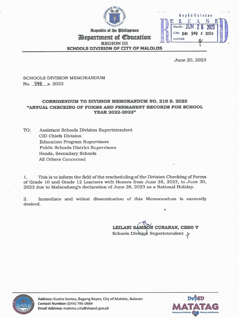 DM 248 S 2023 Corrigendum To Division Memorandum No. 210 S. 2023 Annual ...
