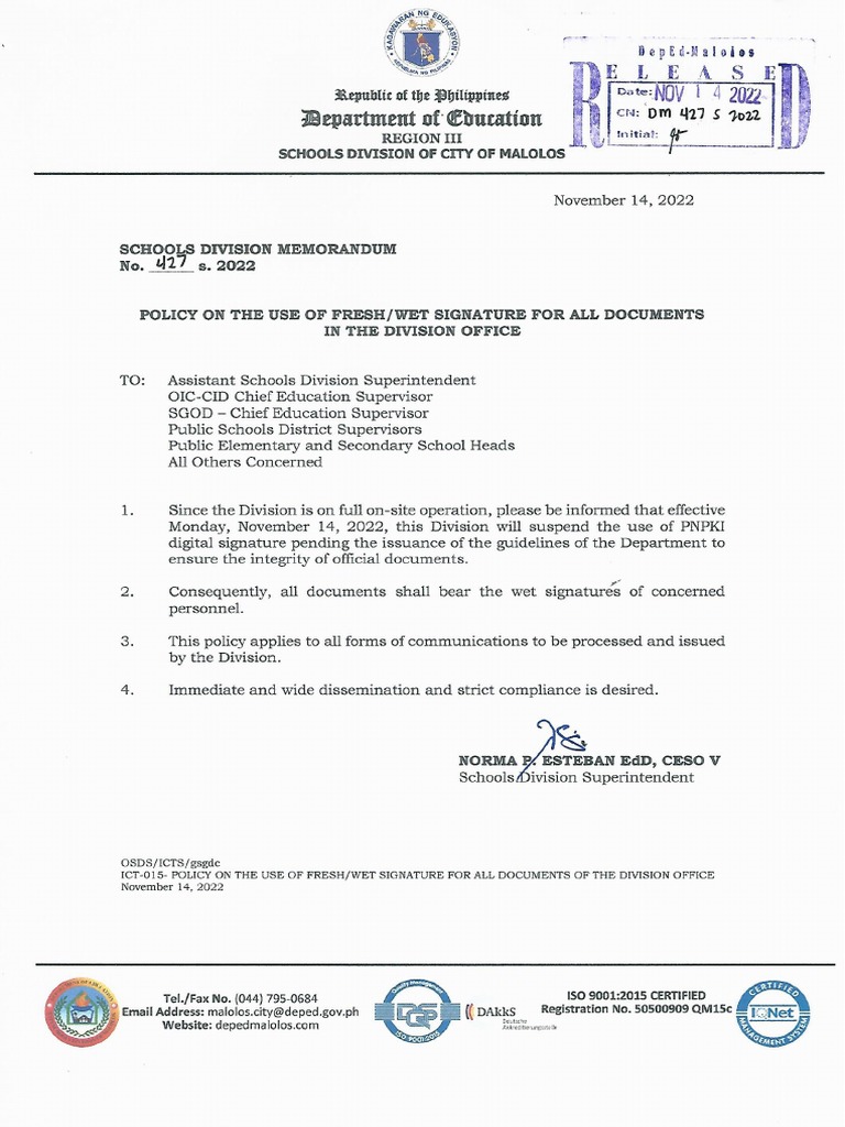 DM 427 S 2022 Policy On The Use of FreshWet Signature For All Documents ...