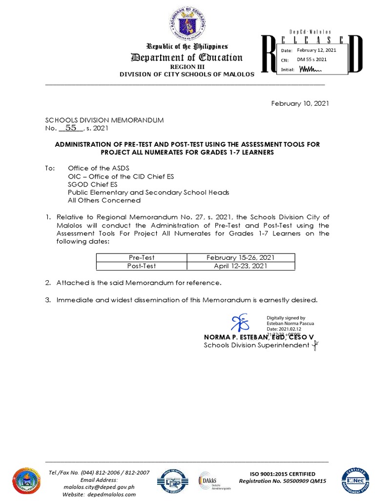 DM 55 S 2021 - Administration of Pre-Test and Post-Test Using The ...