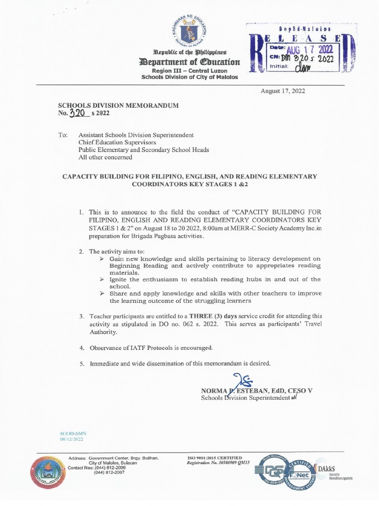DM 320 S 2022 Capacity Building For Filipino English and Reading Elementary Coordinators Key ...