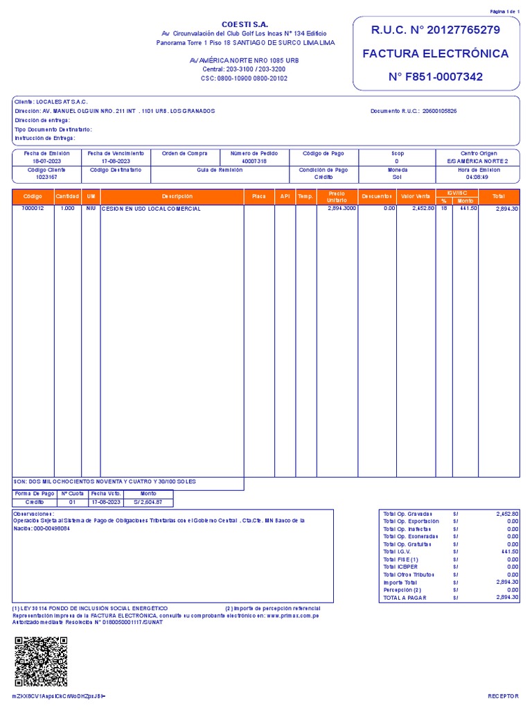 Factura Electrónica Coesti S.A. | PDF | Pagos | Bancario