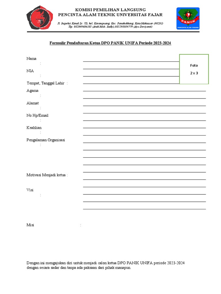 Formulir Ketua DPO PANIK UNIFA Periode 2023-2024 | PDF