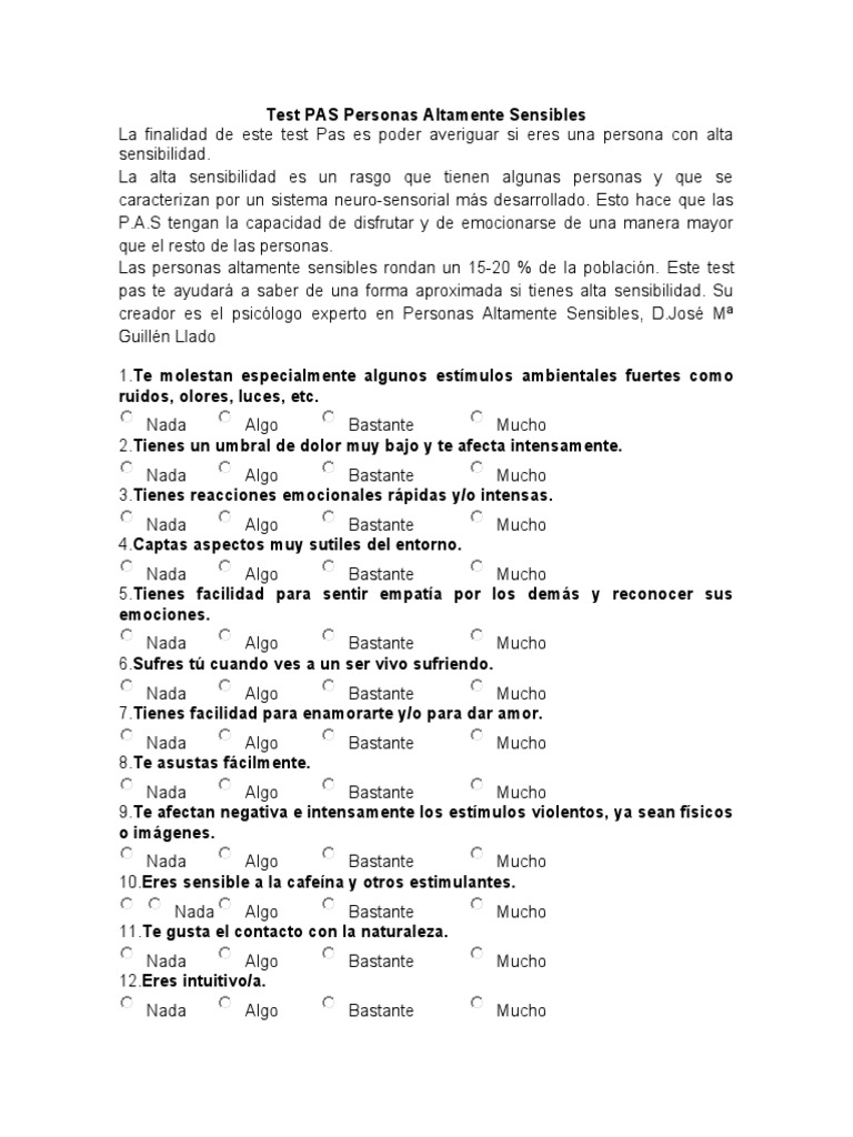 Test PAS Personas Altamente Sensibles | PDF | Conceptos psicologicos ...