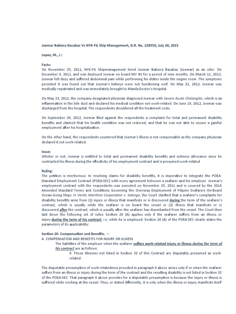Bacabac Vs NYK-FIL Ship Management, G.R. No. 228550, July 28, 2021 ...
