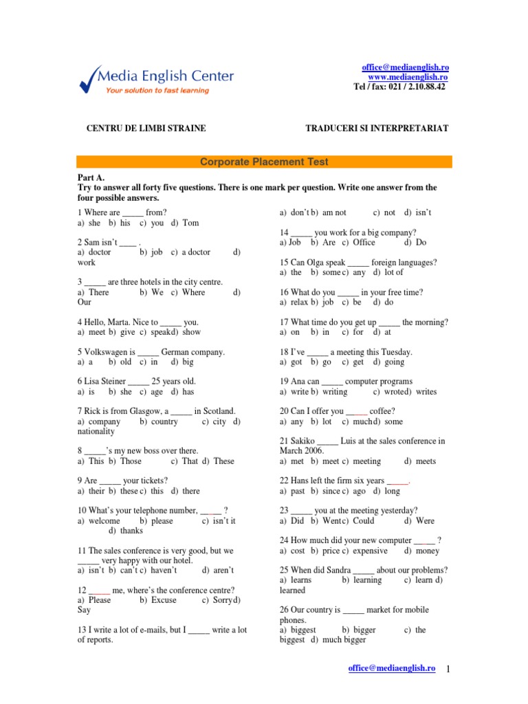 Corporate Placement Test | PDF | Business (General) | Business