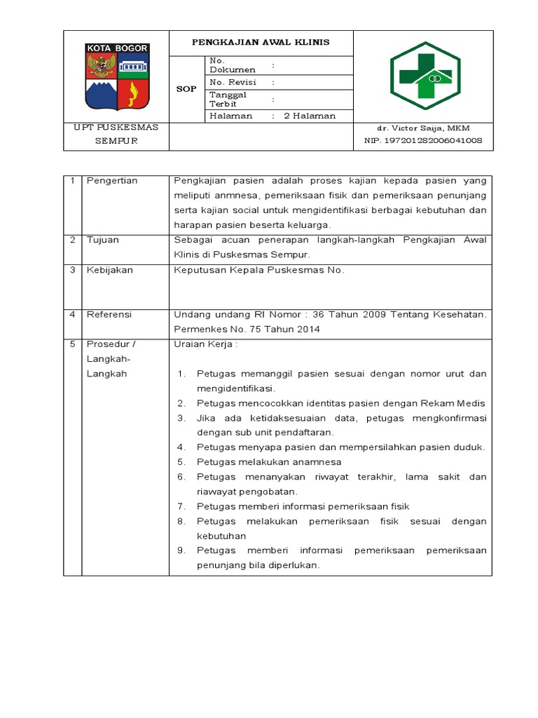 Sop Pengkajian Awal Klinis | PDF | Kesehatan Holistik | Sains & Matematika