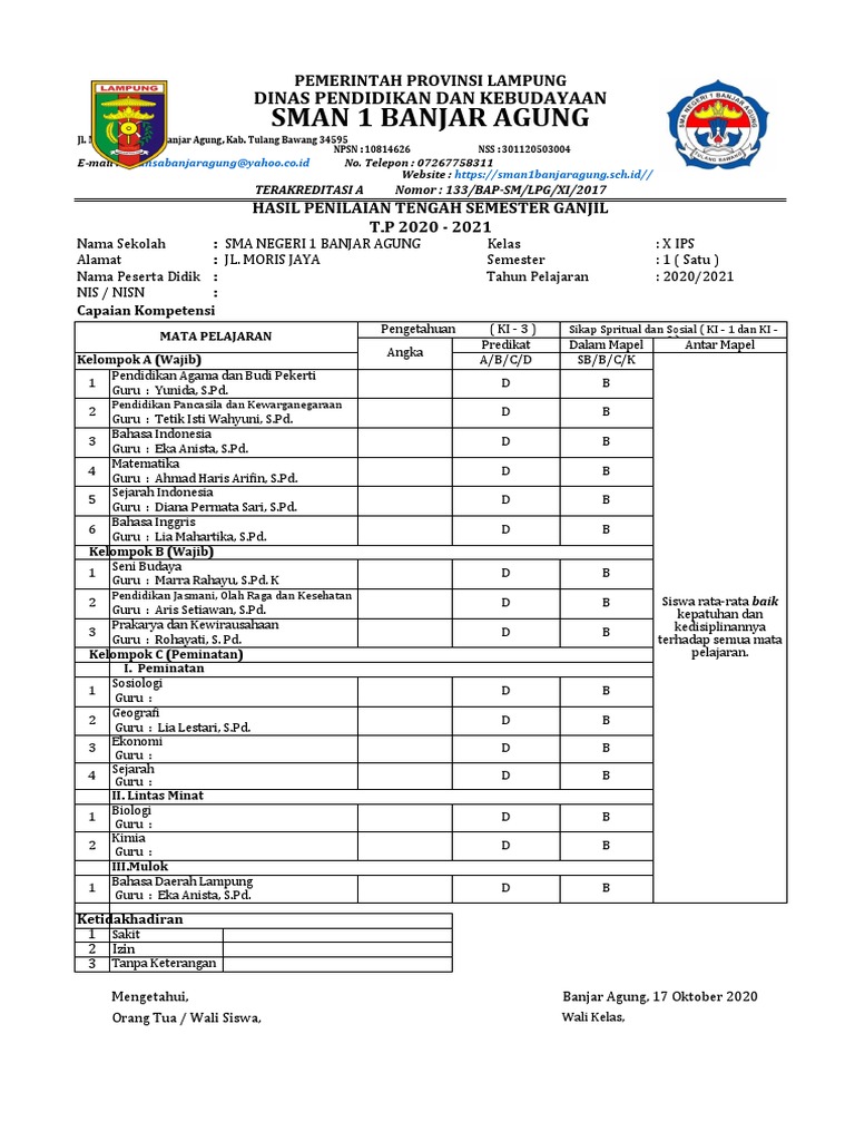 Rapot PTS Ips Semester Ganjil Tahun 2020 (Daring) | PDF