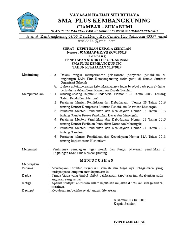 SK Struktur Organisasi Sekolah | PDF