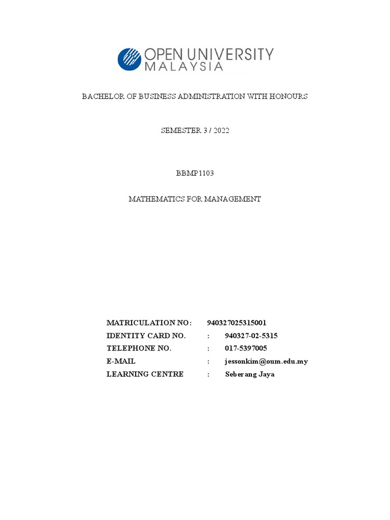 OUM-BBMP1103 (MATHEMATICS FOR MANAGEMENT) - vr2 | Download Free PDF ...