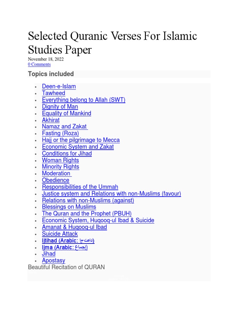 Selected Quranic Verses For Islamic Studies Paper | PDF