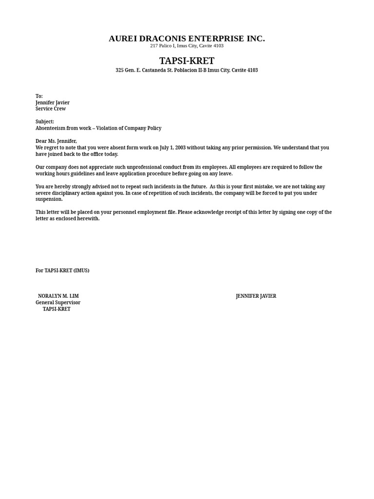 TS-Memorandum - Jennifer Javier - Absenteeism | PDF | Law