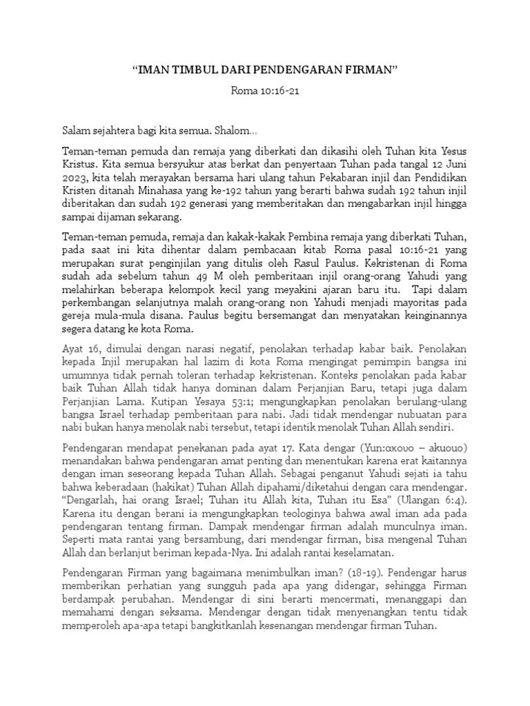 Khotbah Iman Timbul Dari Pendengaran Firman | PDF