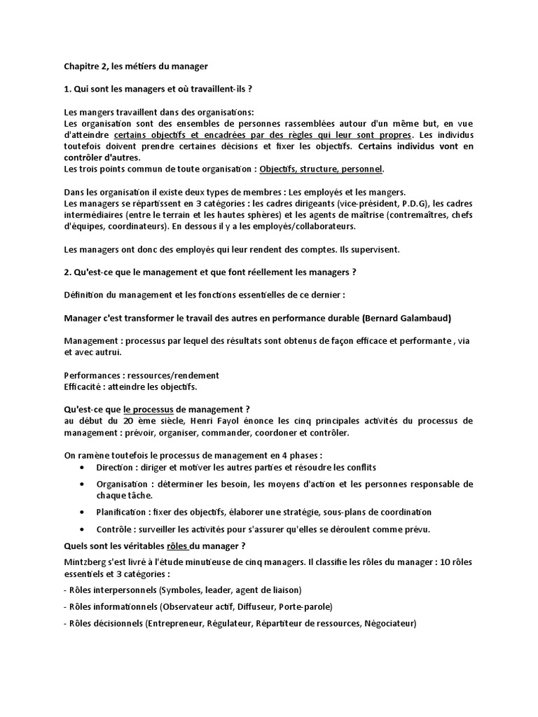 Fiche de Lecture Chapitre 2 (Les Métiers Du Manager) | PDF
