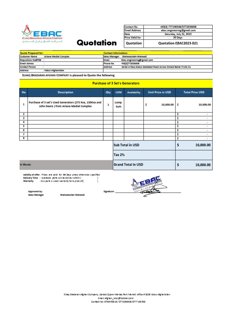 Quotation For The Purchase of Generators | PDF