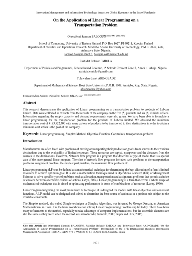On The Application Of Linear Programming On A Transportation Problem Pdf Linear Programming