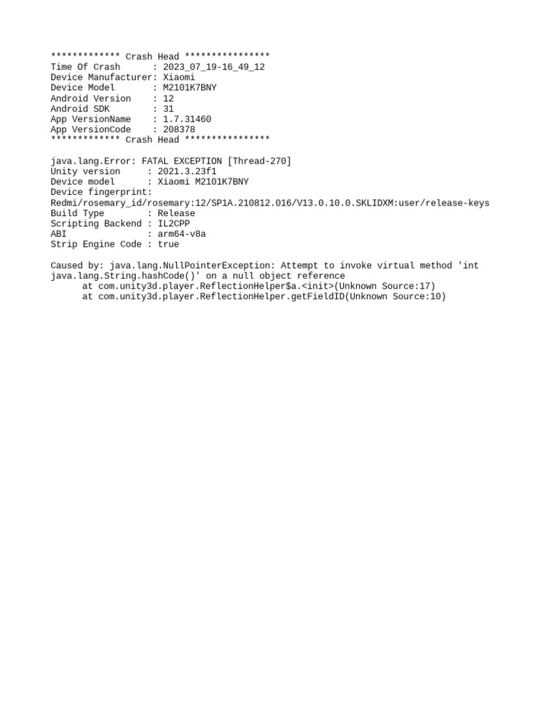 Xiaomi Crash Report: Unity Error Log | PDF | Computers