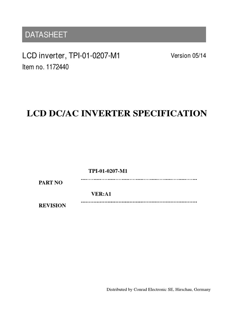 Datasheet 1172440 Tpi 01 0207 m1 LCD Inverter 12 V DC Compatible With ...