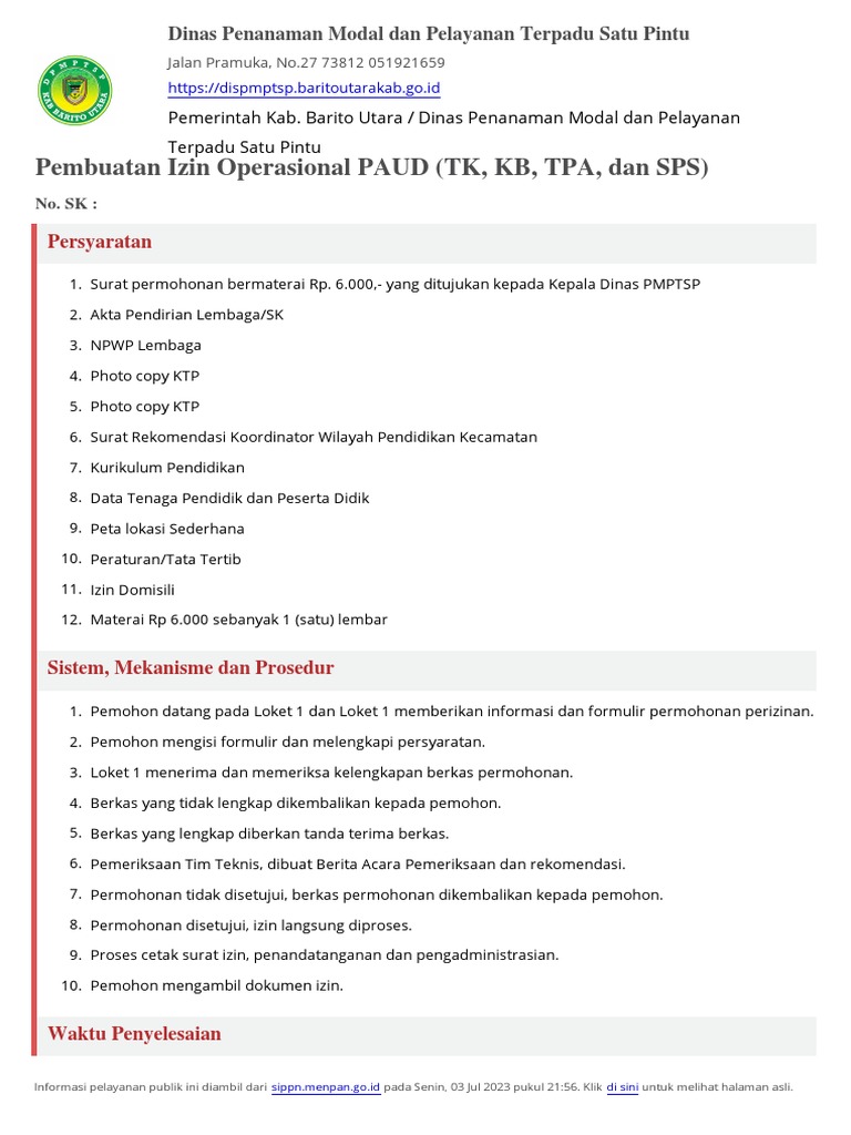 Unduh Standar Pelayanan - Pembuatan Izin Operasional PAUD (TK, KB, TPA, Dan SPS) | PDF