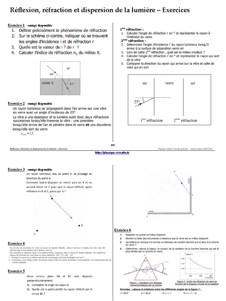 Reflexion Refraction Dispersion Exercices | Télécharger gratuitement ...