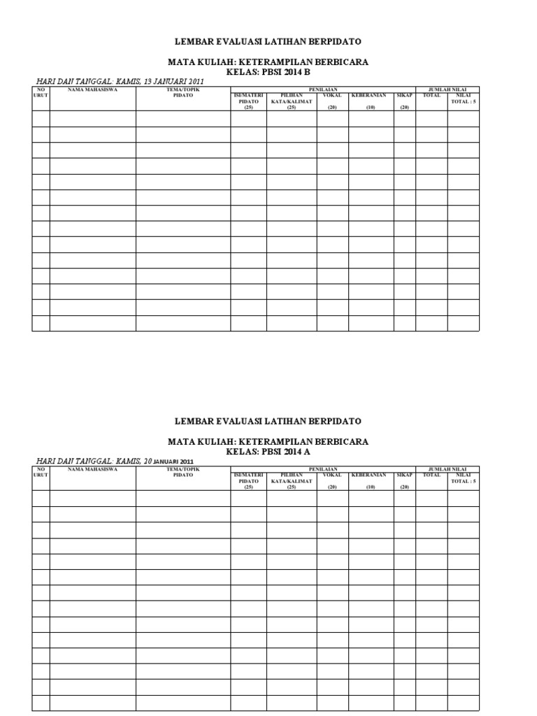 Lembar Evaluasi Latihan Berpidato | PDF