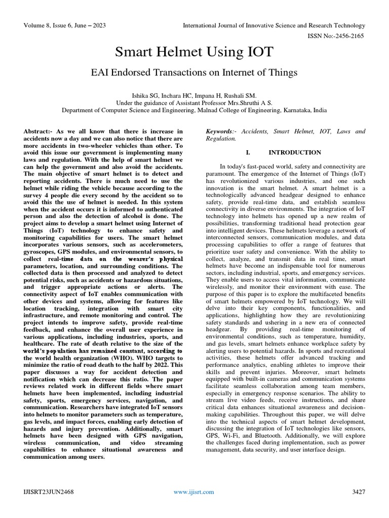 Smart Helmet Using Iot Pdf Internet Of Things Traffic Collision