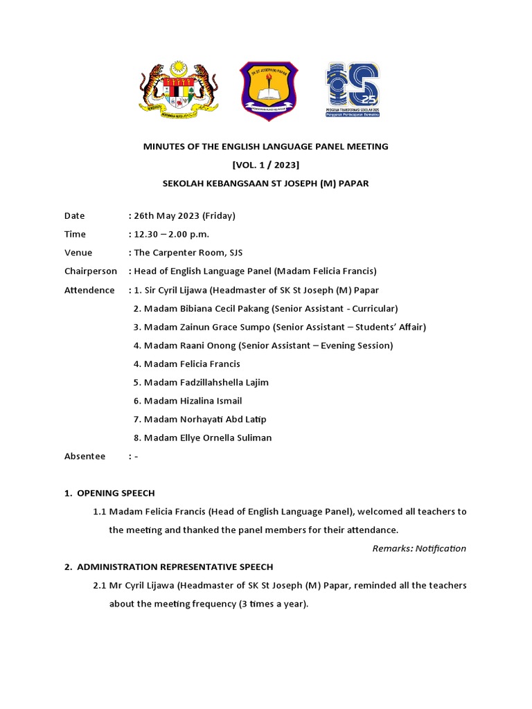 English Panel Meeting Minutes (No. 1 - 2023) | PDF