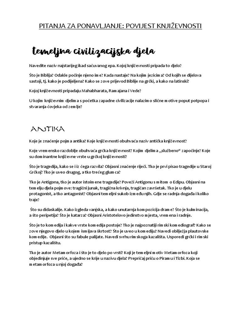 Povijest Književnosti - Pitanja Za Ponavljanje | PDF